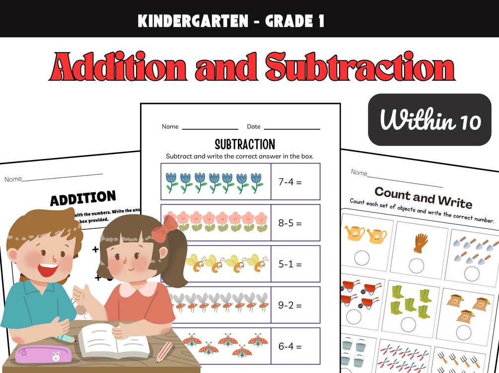 Math Addition and Subtraction Worksheet Within 10 for K - 1st Grade