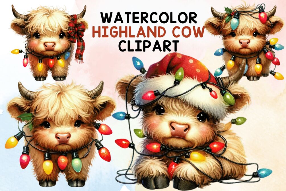 Watercolor Christmas Baby Highland Cow Png Clipart