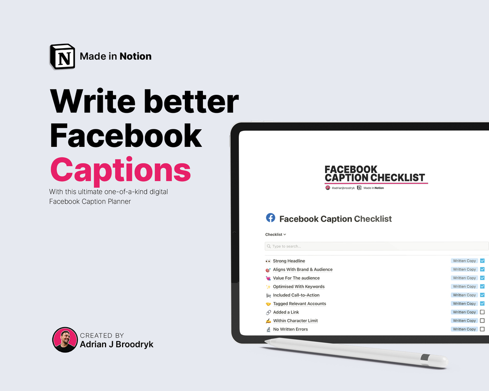 Digital Facebook Caption Checklist - Made in Notion