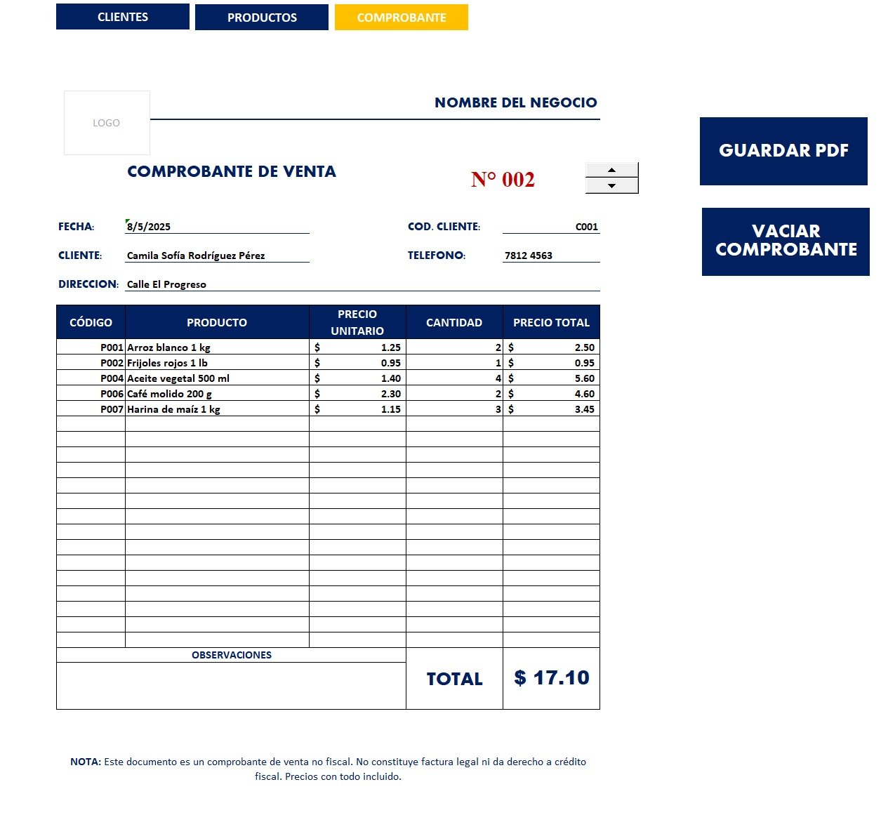 PLANTILLA EXCEL DE COMPROBANTE DE VENTA