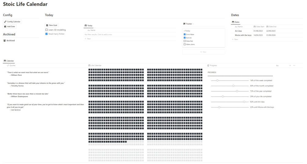 Stoic Life Calendar Notion Template
