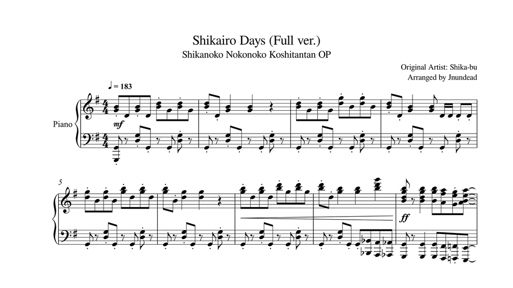 [Shikanoko Nokonoko Koshitantan OP] Shikairo Days (Full ver.) Piano ...