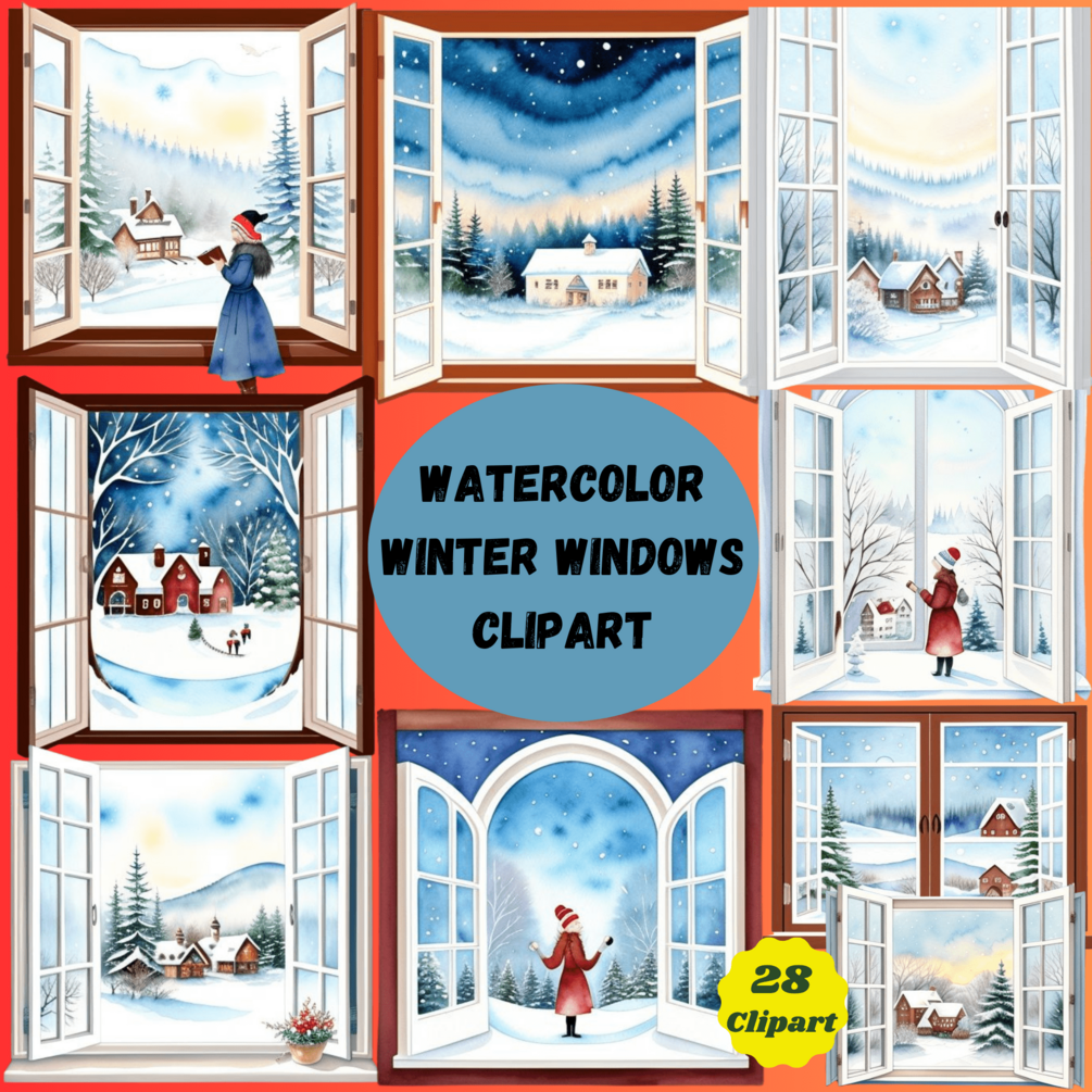 Watercolor Winter Windows Clipart