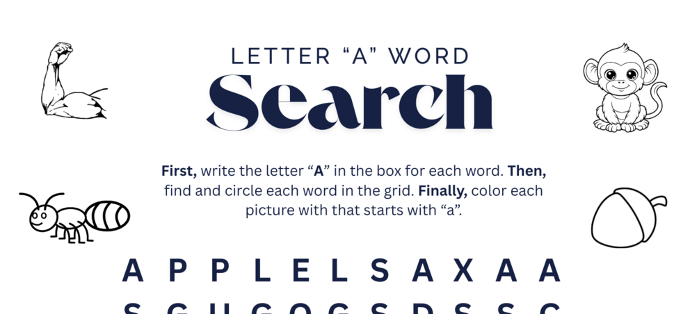 Letter A Word Search for Kids – Write, Find, and Color!
