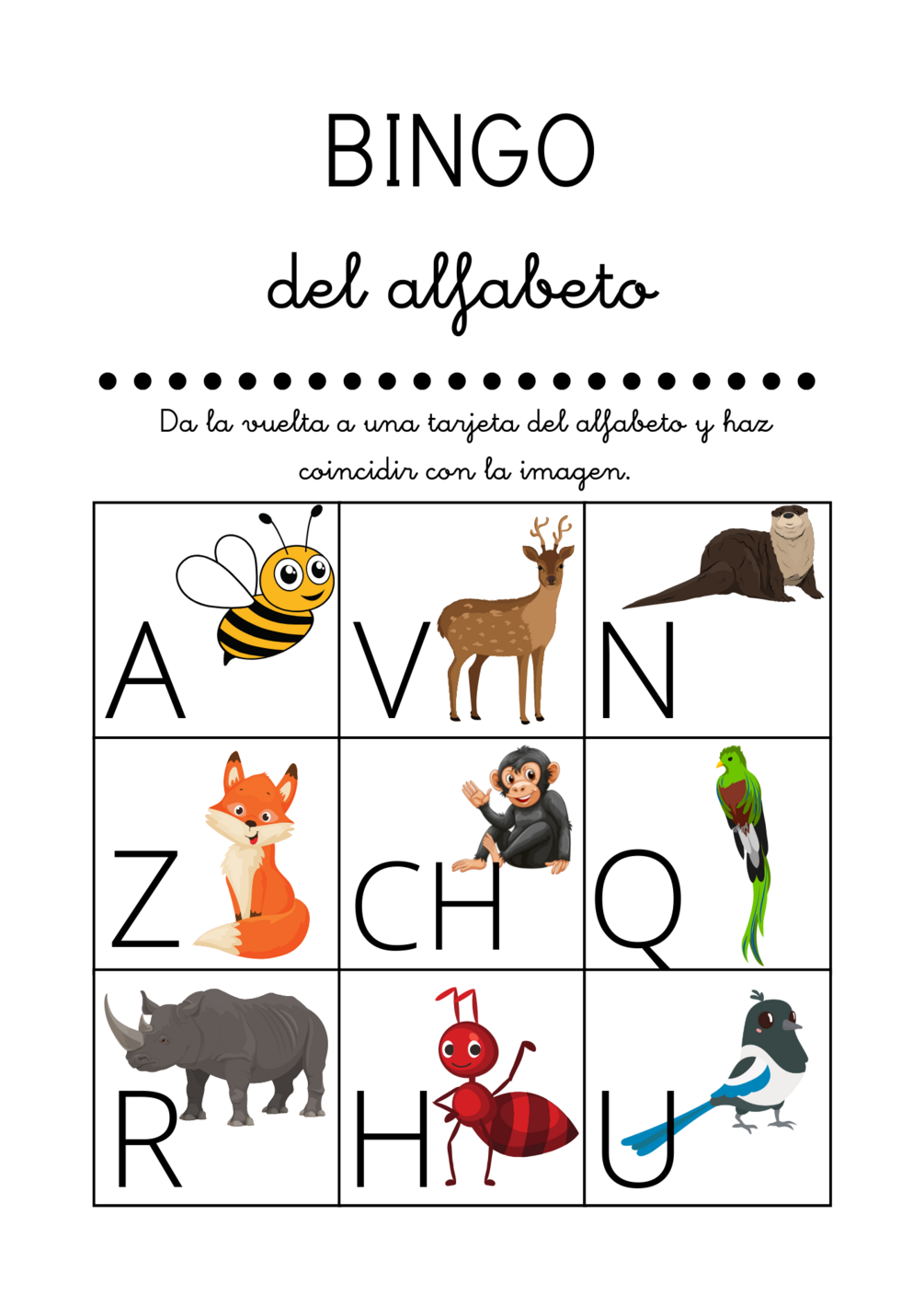 Bingo del abecedario animales