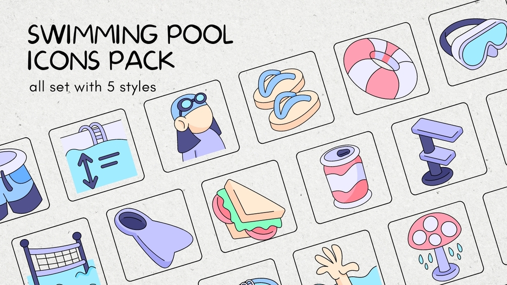 Swimming Pool Doodle Icons Set