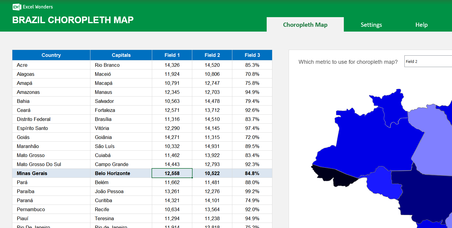 Brazil Choropleth Map Excel Template | Excel Wonders