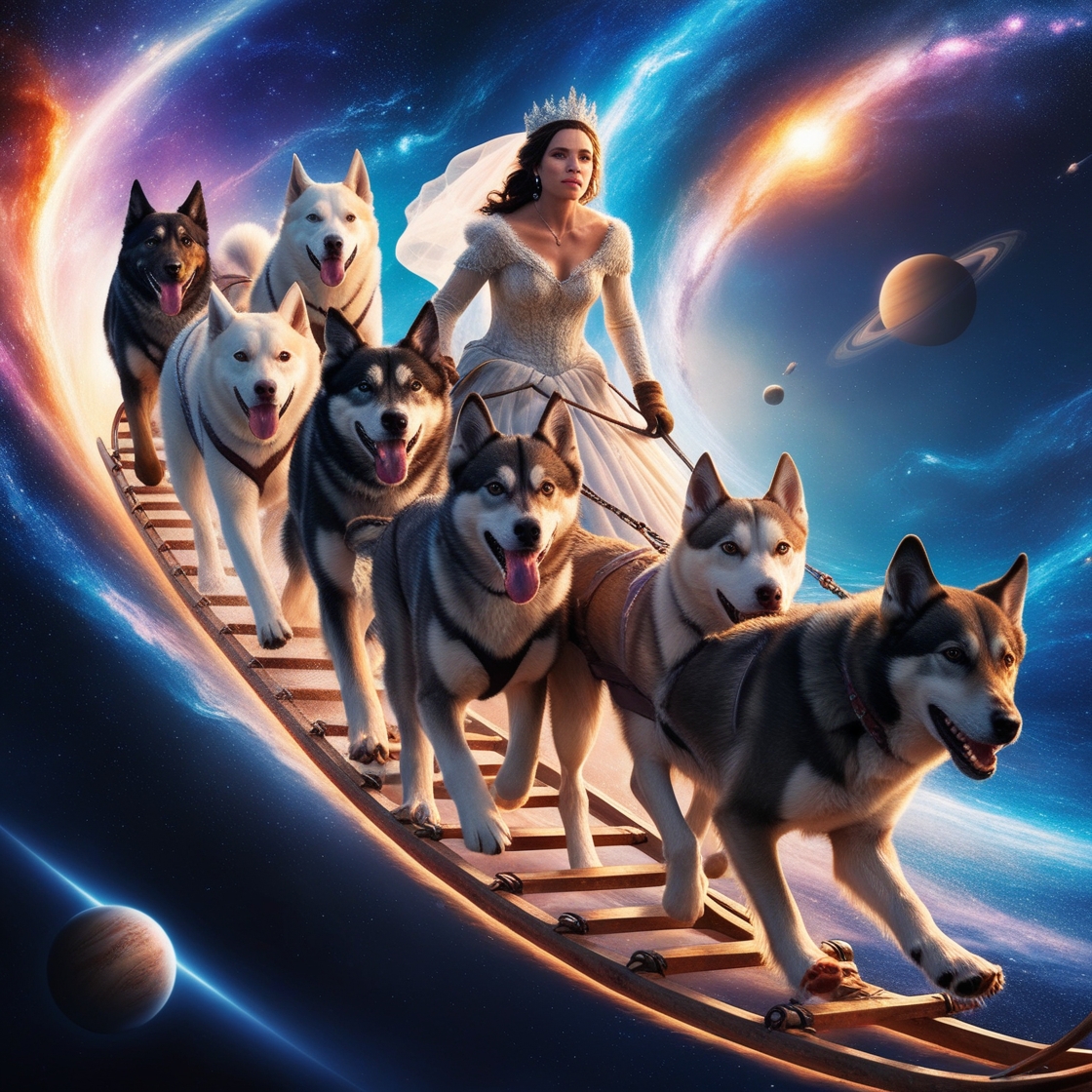 a breathtaking, cinematic photograph depicting a magical dog sled, with ...