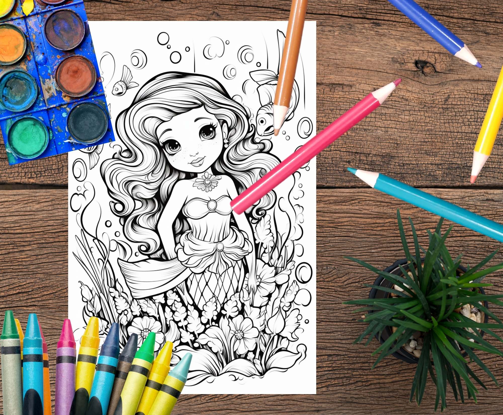 50 Mermaid Fantasy Coloring Page, Printable PDF, Instant Download