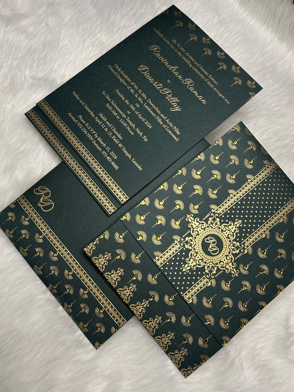 Dark Green Matte Screen Printed Wedding Invitation