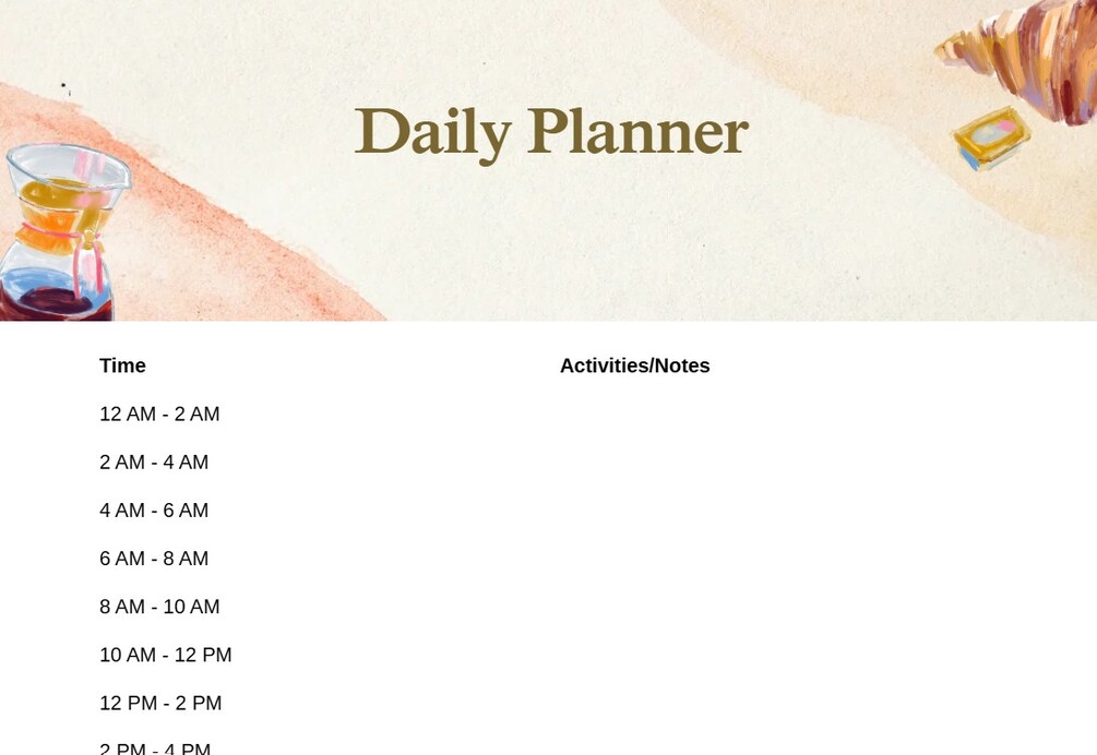 Daily Planner – 2-Hour Block Schedule (Cozy Watercolor PDF Download)
