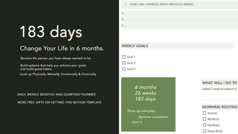 183 days journey [Notion Template]: Change your life in 6 months