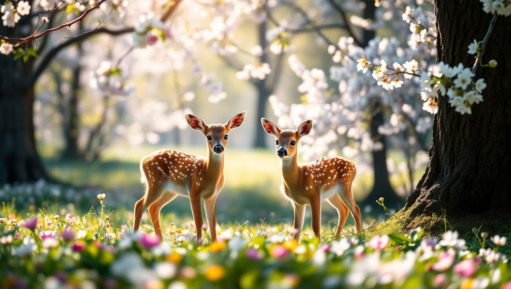 Spring Forest with Two Fawns and Cherry Blossoms: Idyllic Wildlife ...
