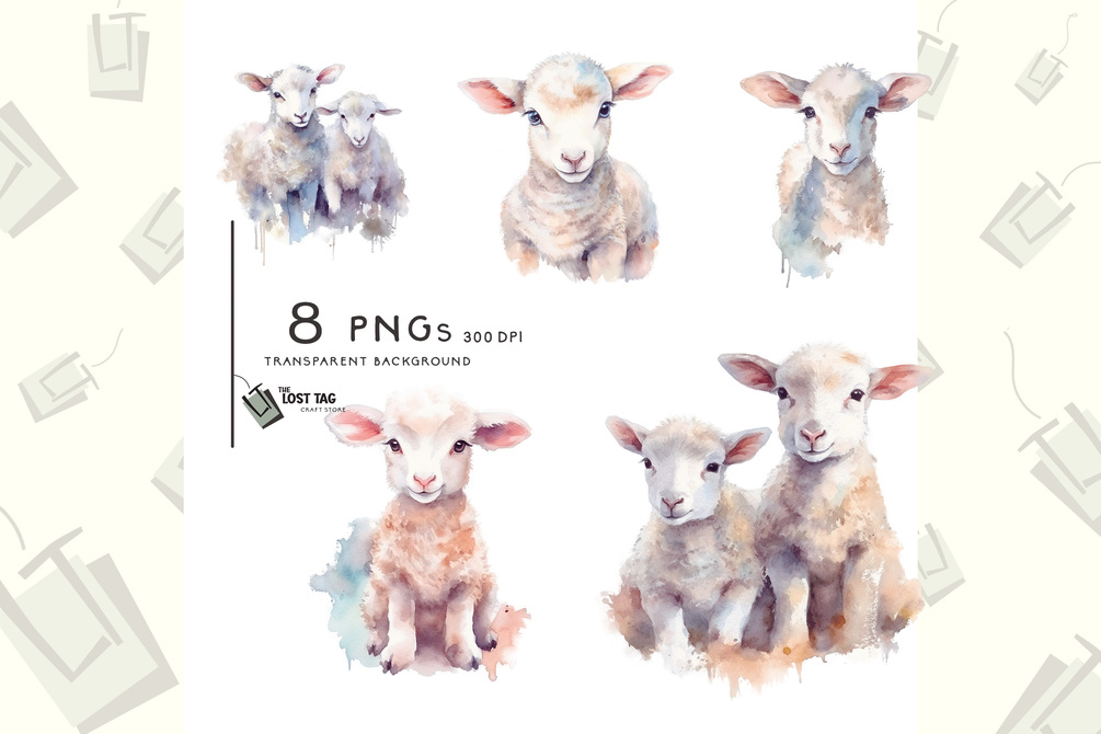 watercolor cute lambs clipart bundle sublimation printable png