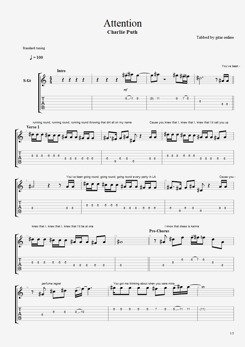TAB. Attention - Charlie Puth (Guitar Instrumental)