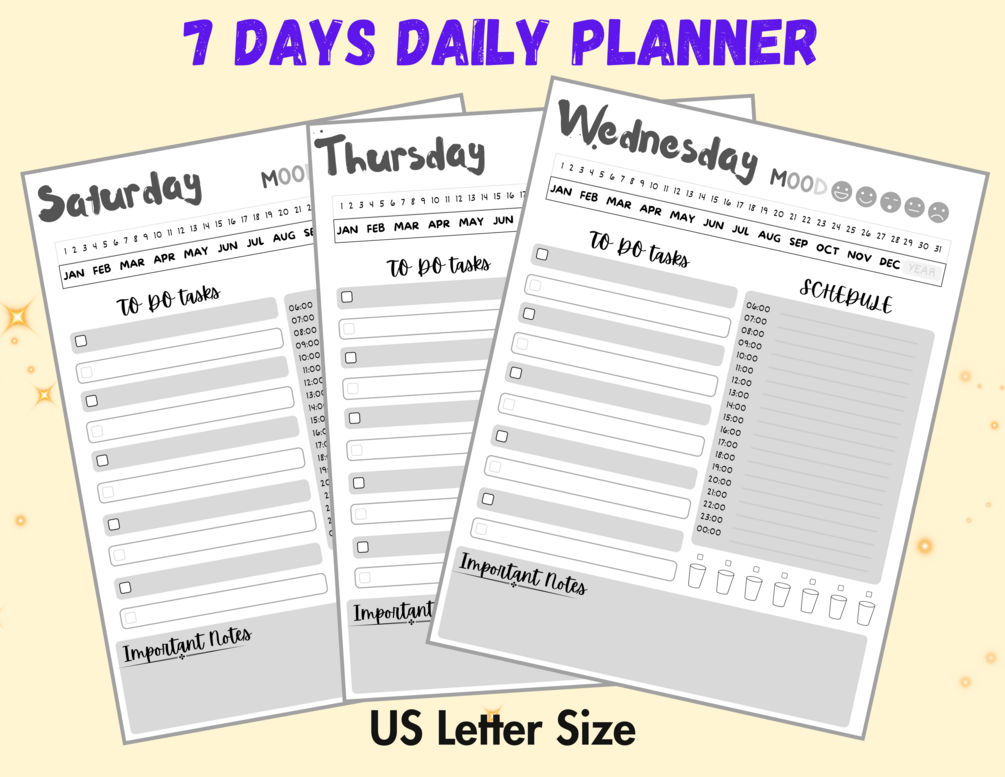 Daily Planner, 7 days Daily Planner, Weekly Planner, Undated Planner