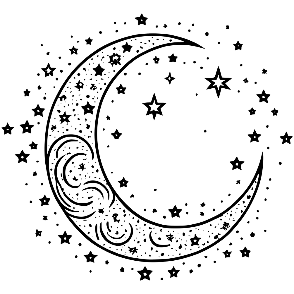 Crescent Moon with Stars Vector | Mystical Celestial Line Art in Black ...