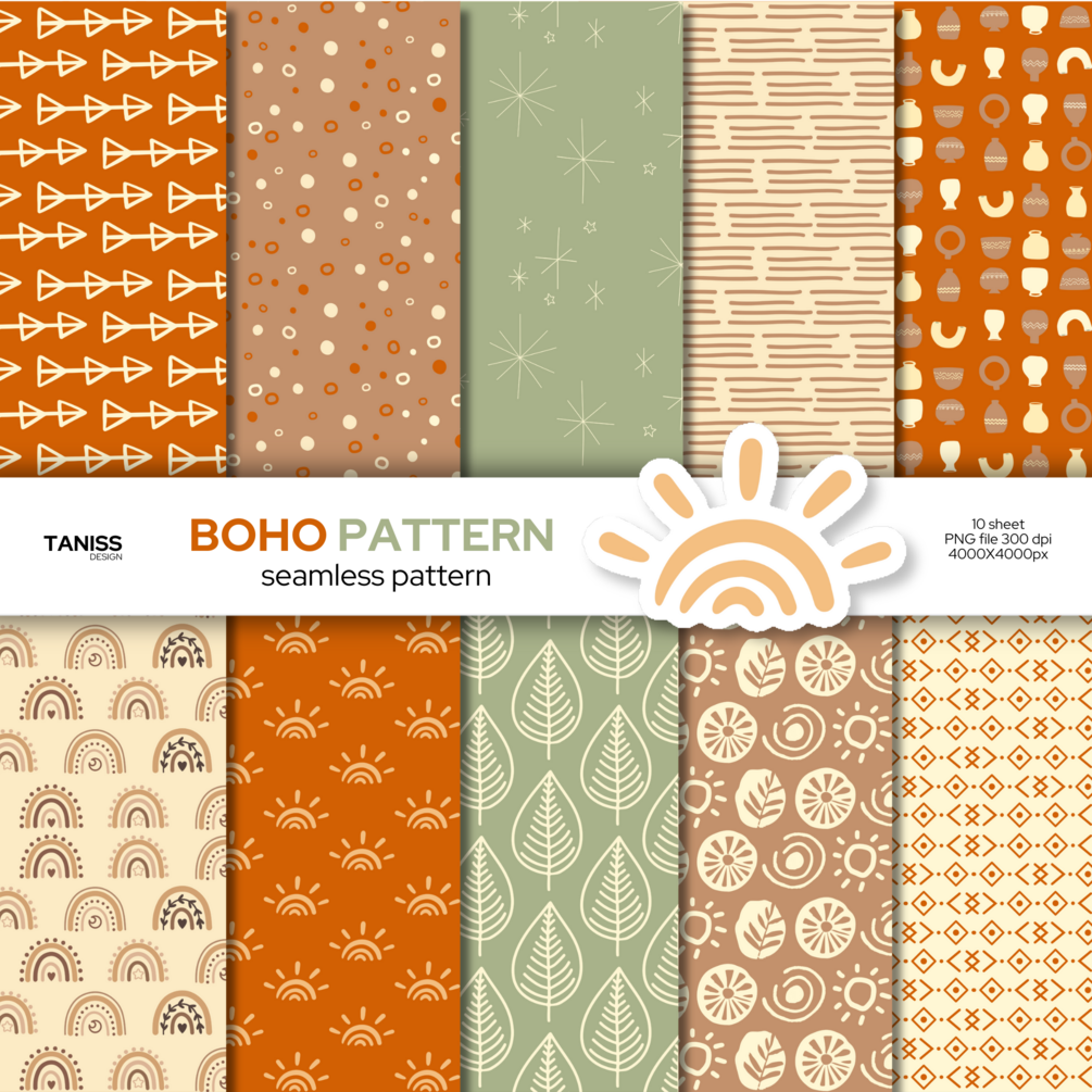 10 Boho Seamless Digital Papers, Boho Scrapbook Paper, Boho Backgrounds ...