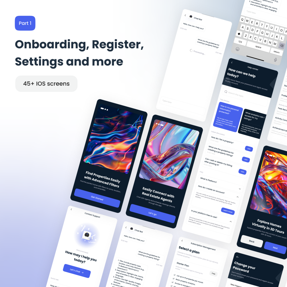 Onboarding, Register, Settings and more - Part 1