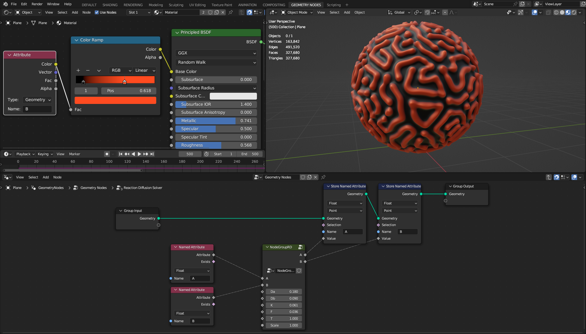 Blender 3.6+ Geometry Nodes Reaction Diffusion Solver