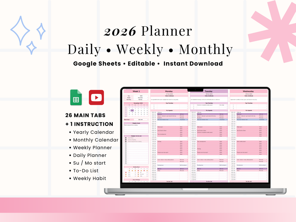 Daily, Weekly, Monthly Digital Planner Google Sheets