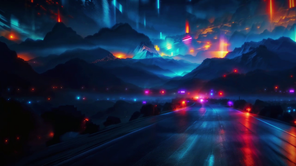 Mesmerizing VJ loop of a highway at night, illuminated by vibrant neon ...
