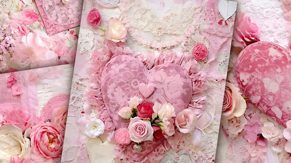 15 pc Frilly Pink Valentine Collage Printable Junk Journal Half Papers ...