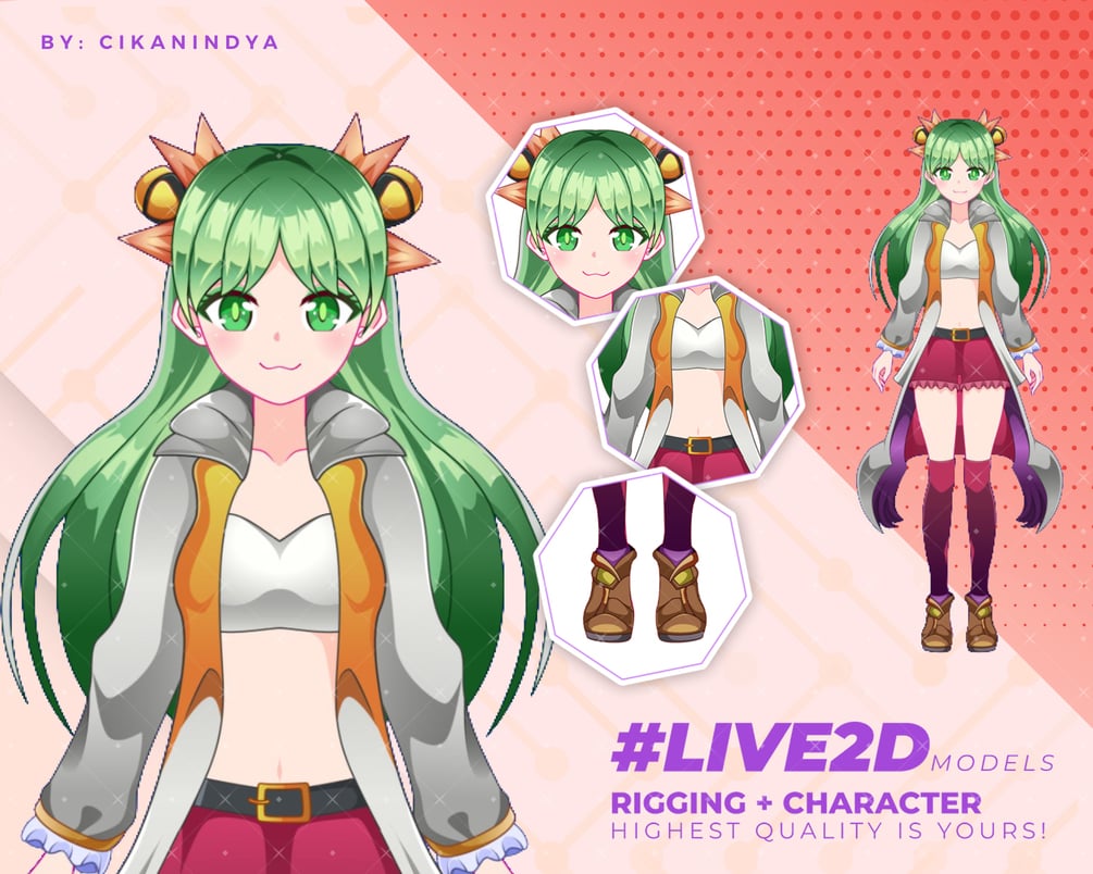 VTuber Live2D | Vtuber Model Anime Girl Green Hair for Captivating ...