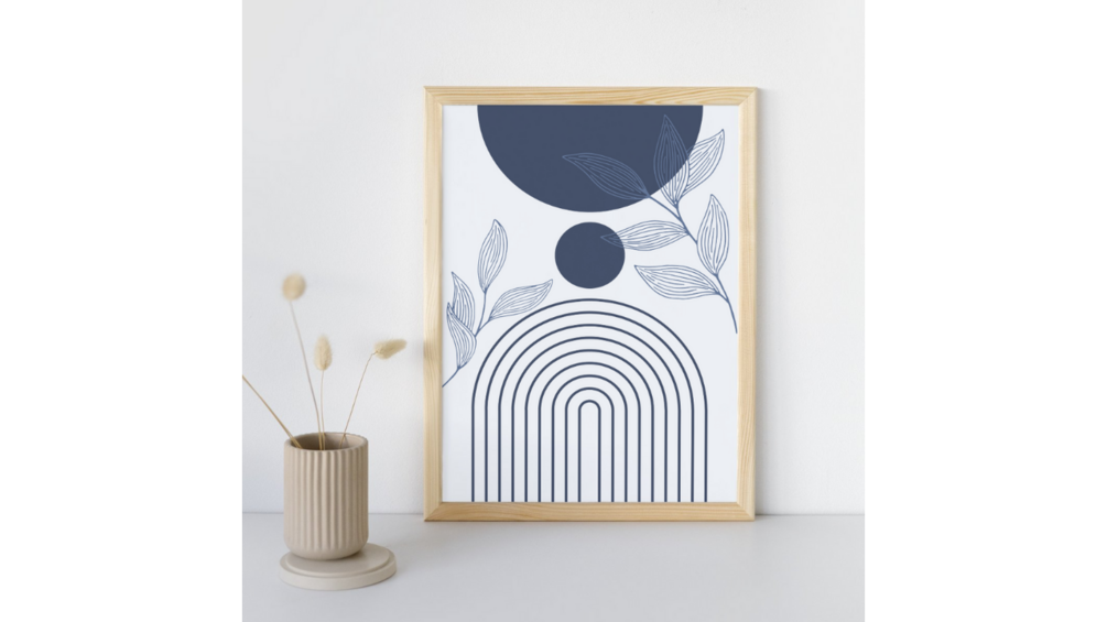 Bohemian style Set of 3 Posters in Color Blue with Line Art and Plants