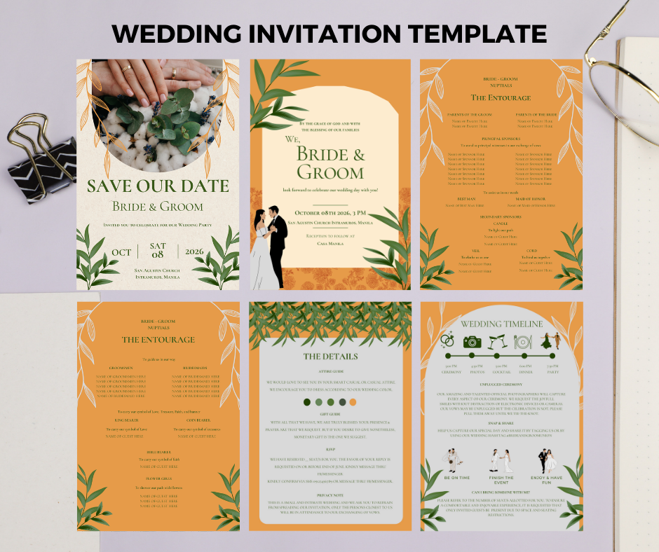 Wedding Invitation Green Leaves and Yellow I Canva Weddings Program ...