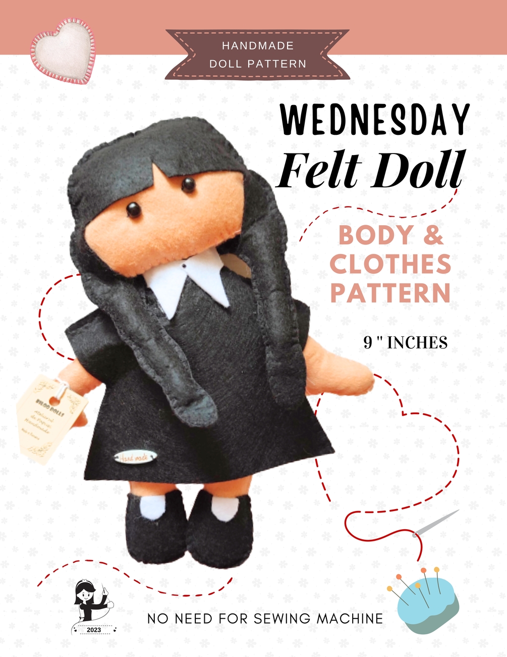 Wednesday Addams Felt Doll Pattern for Body & Clothes, size 25 cm (9 ...
