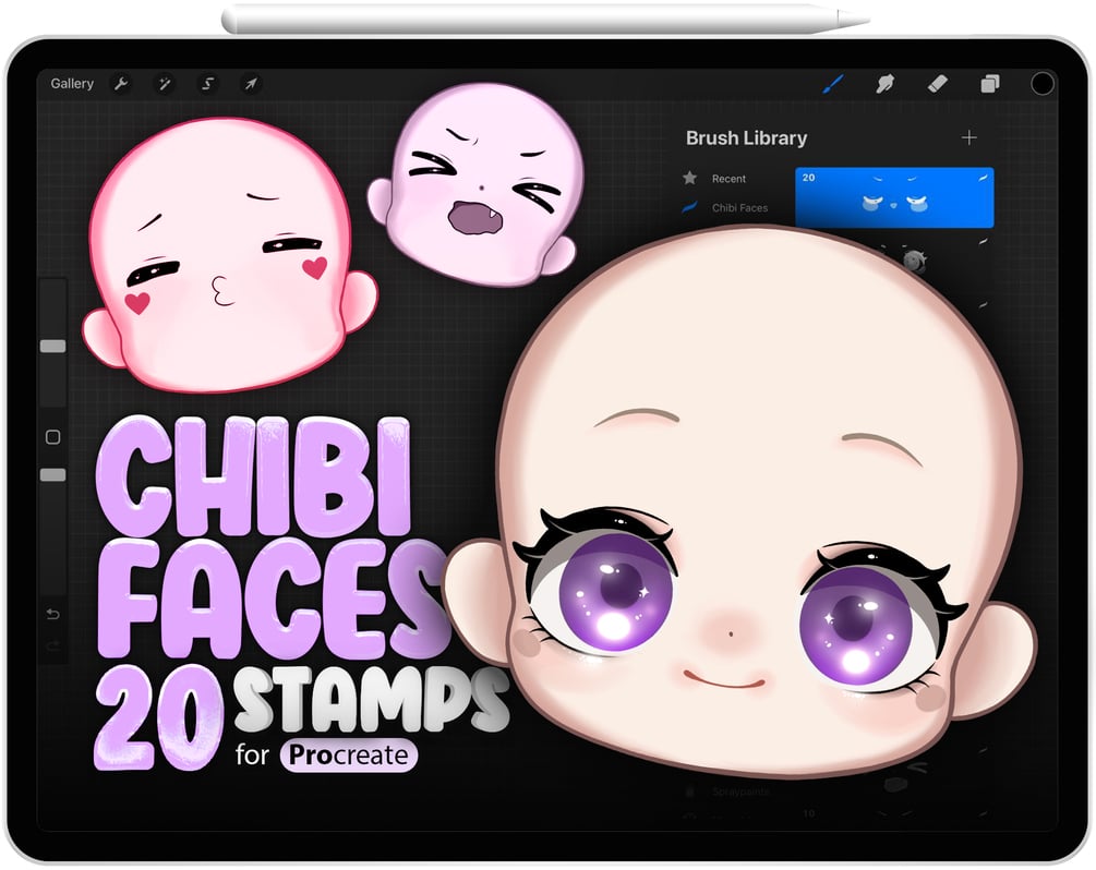 20 Procreate Chibi Faces Stamp Brushes Collection
