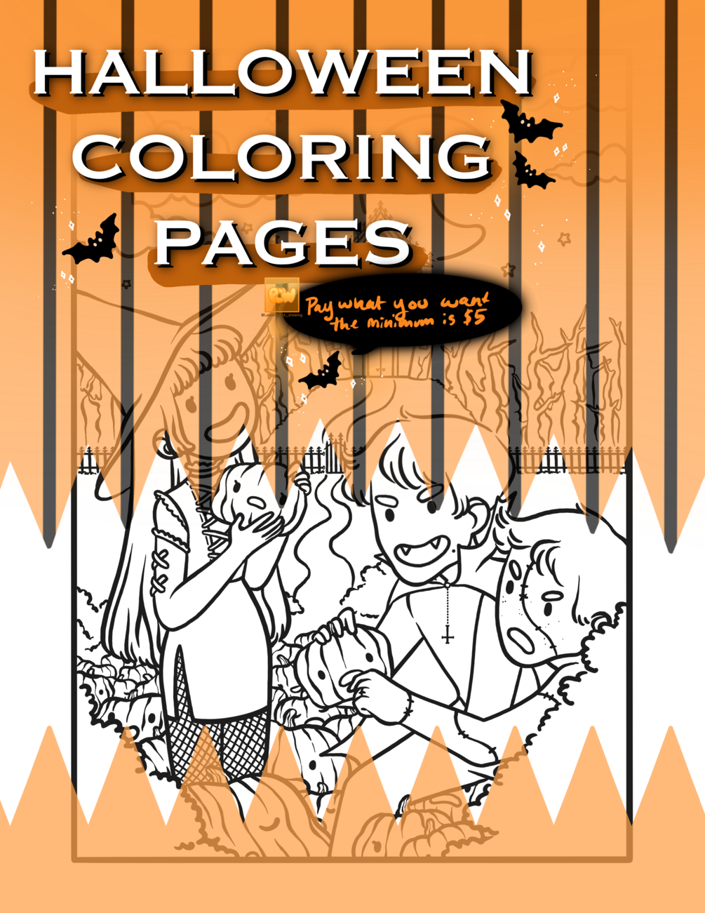 Halloween coloring page: A Witch, a Vampire, and a stitched guy