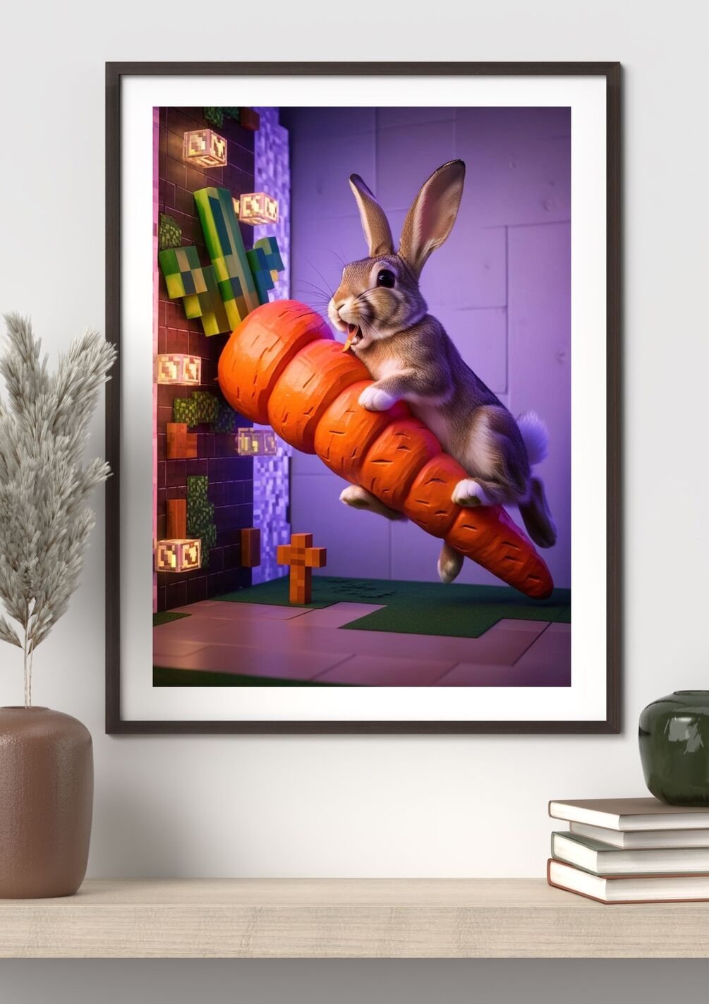 "Pixel Carrot Paradise: Bunny’s Big Bite" – Minecraft-Inspired Wall Art