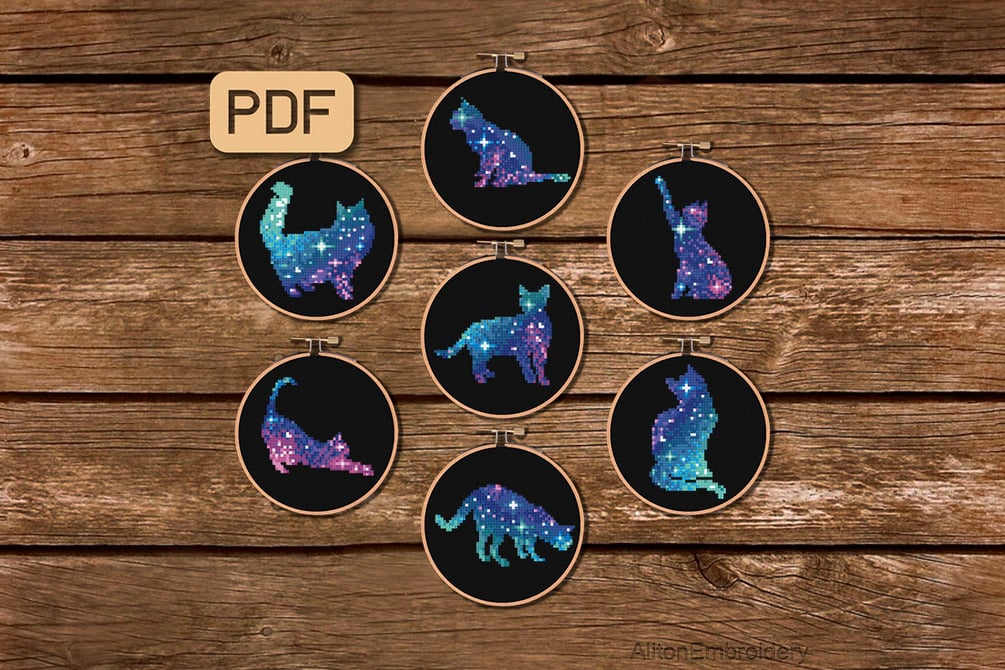 7 Galaxy Cat Cross Stitch Patterns