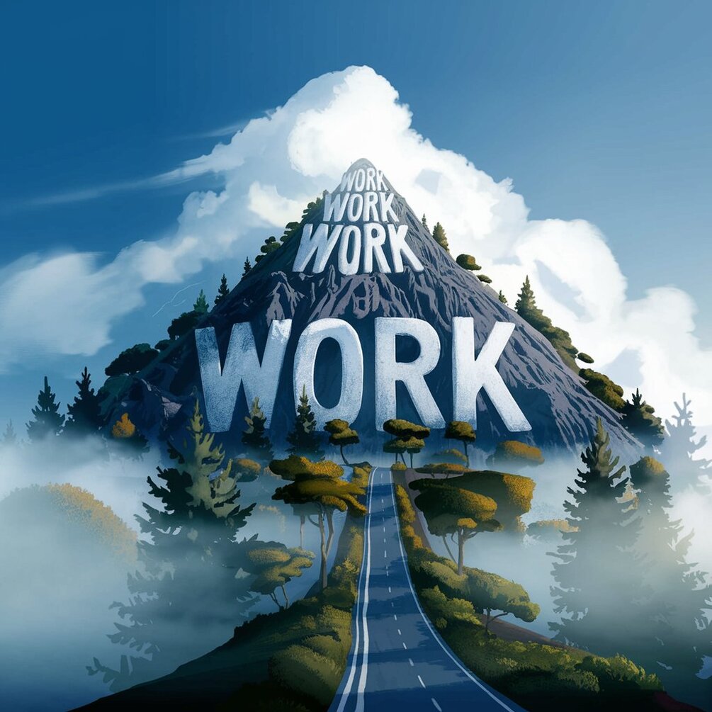 Work". The mountain is surrounded by clouds