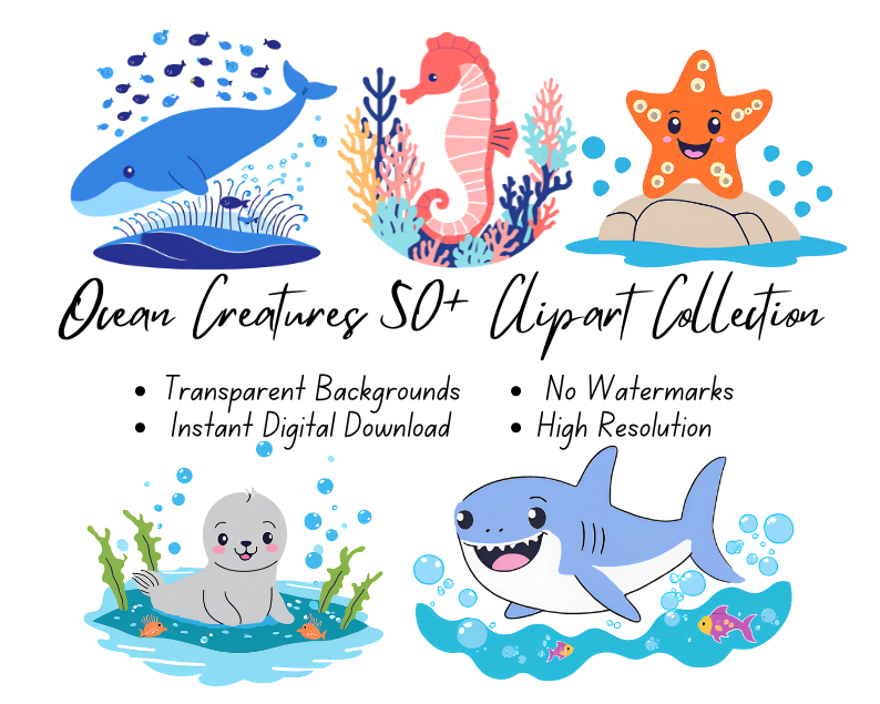 Ocean Creatures 50+ Clipart Collection | High-Resolution Digital ...