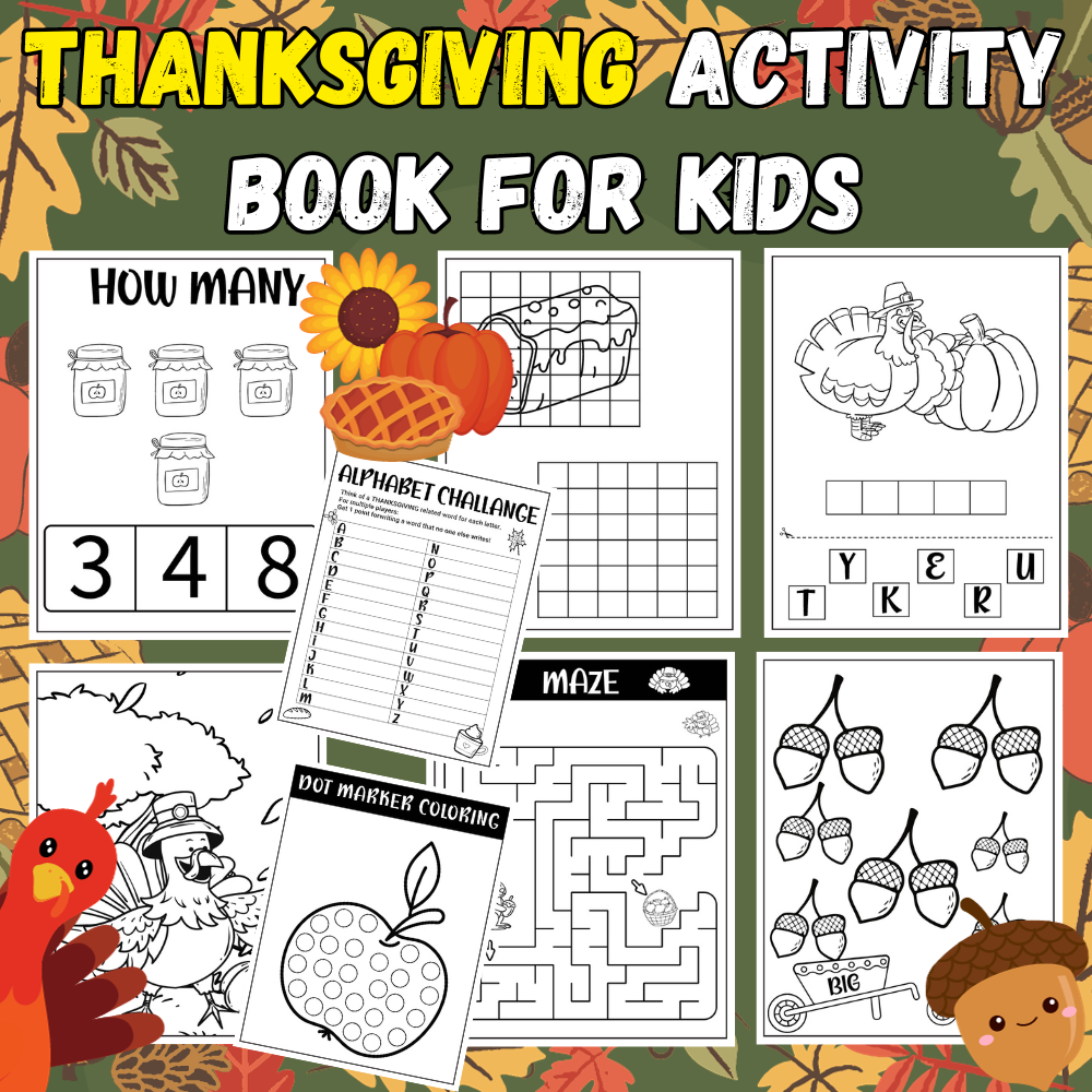 Thanksgiving Activity book for Kids: coloring pages, mazes, word search ...