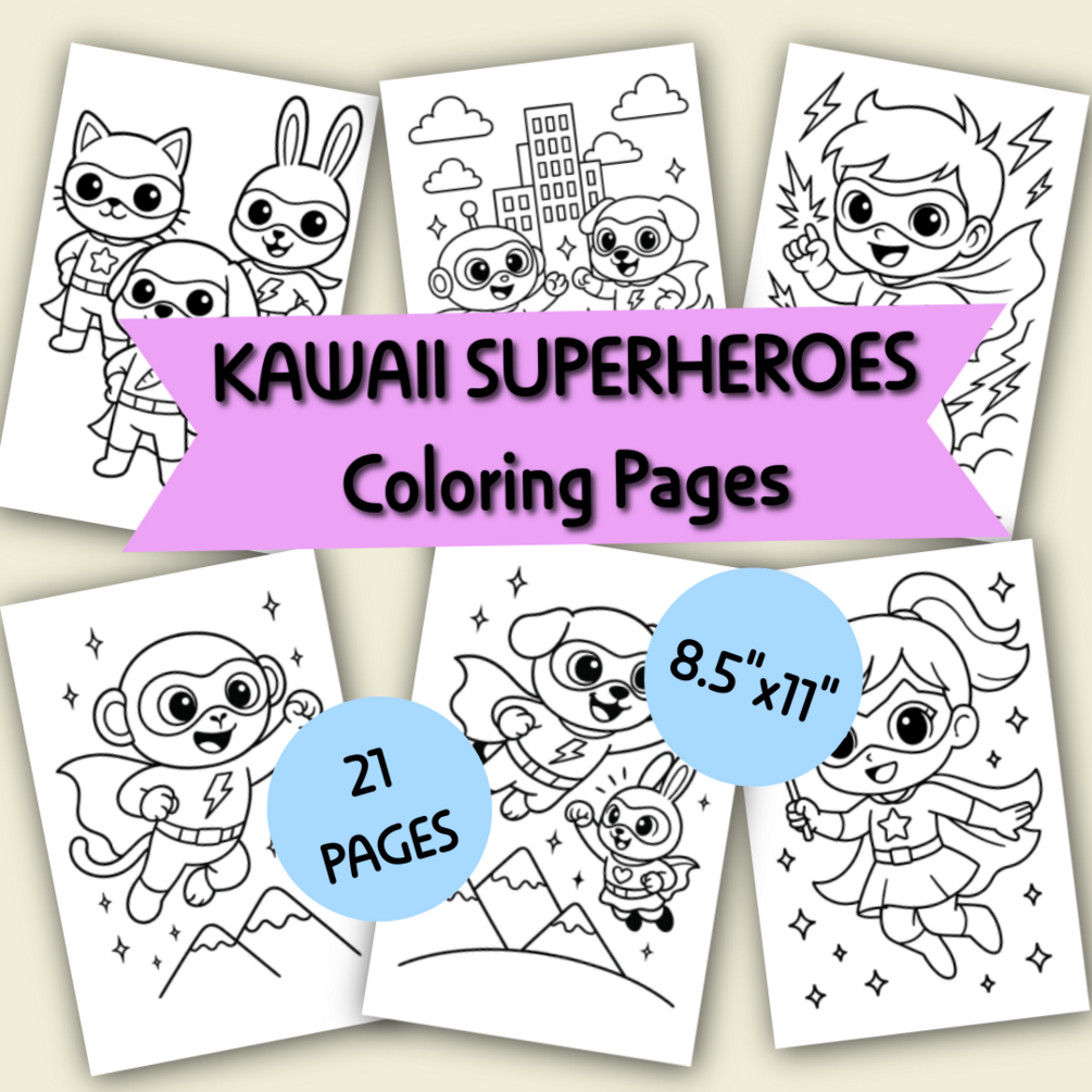 Kawaii Superheroes 21 Coloring Pages for Kids and Adults PDF Printable ...