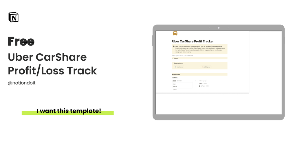 Uber CarShare Profit/Loss Track Notion Template