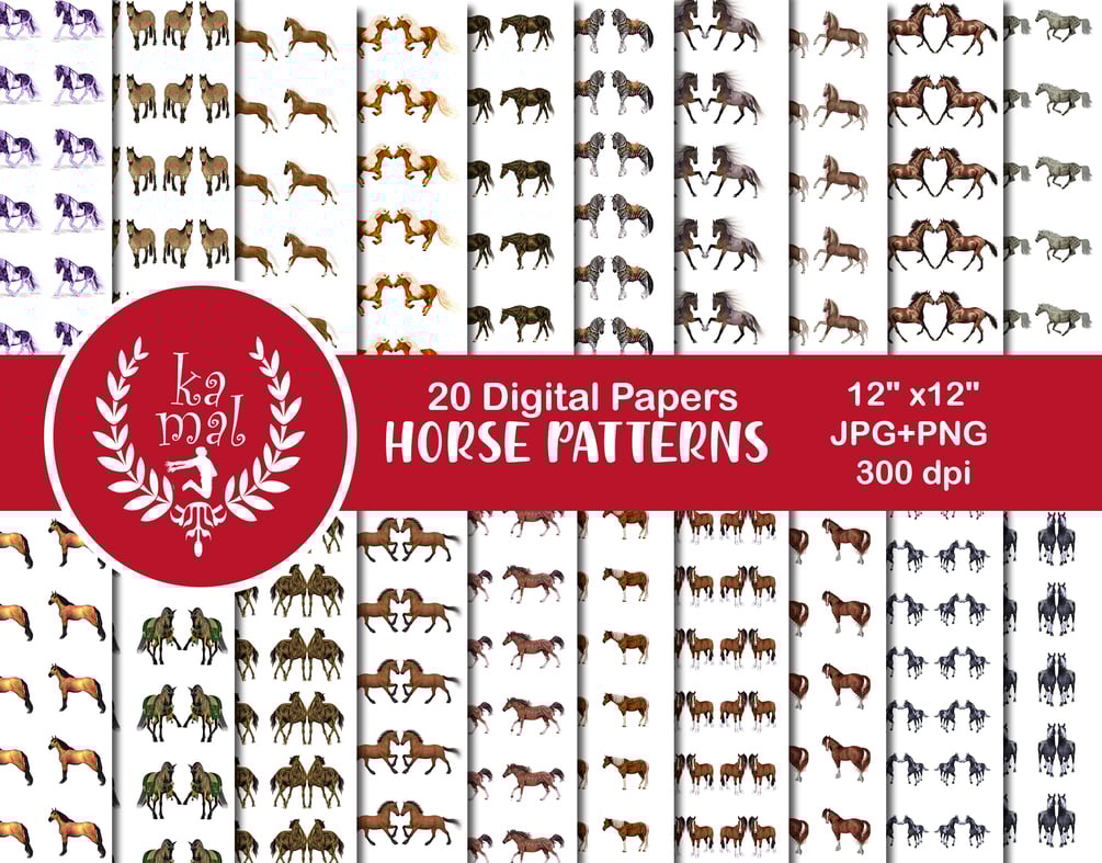 20 Horse Patterns Digital Scrapbooking Background Papers (with Black ...