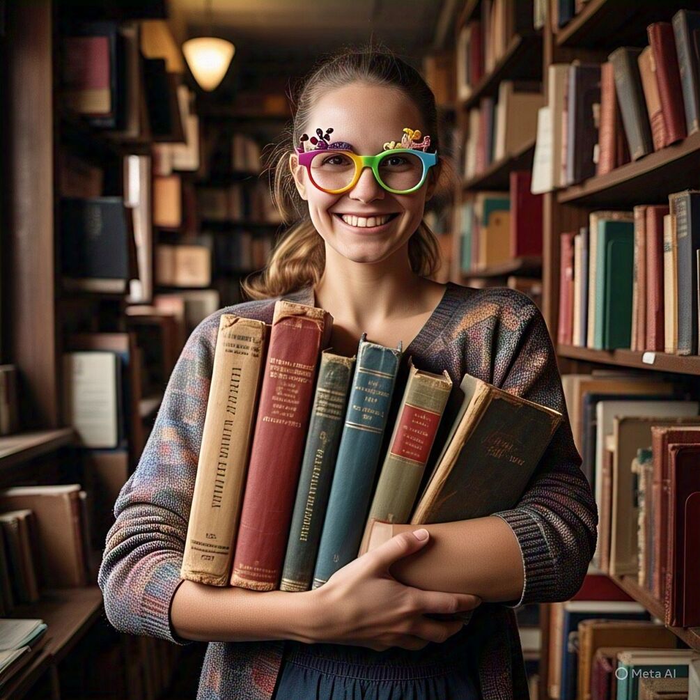 Bookworm Bliss | Happy Girl with Vintage Books & Rainbow Glasses