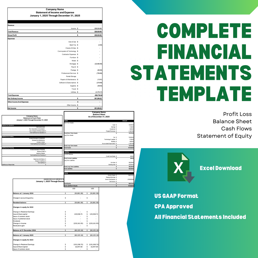 Complete Financial Statements Template - Excel Download - Profit loss ...