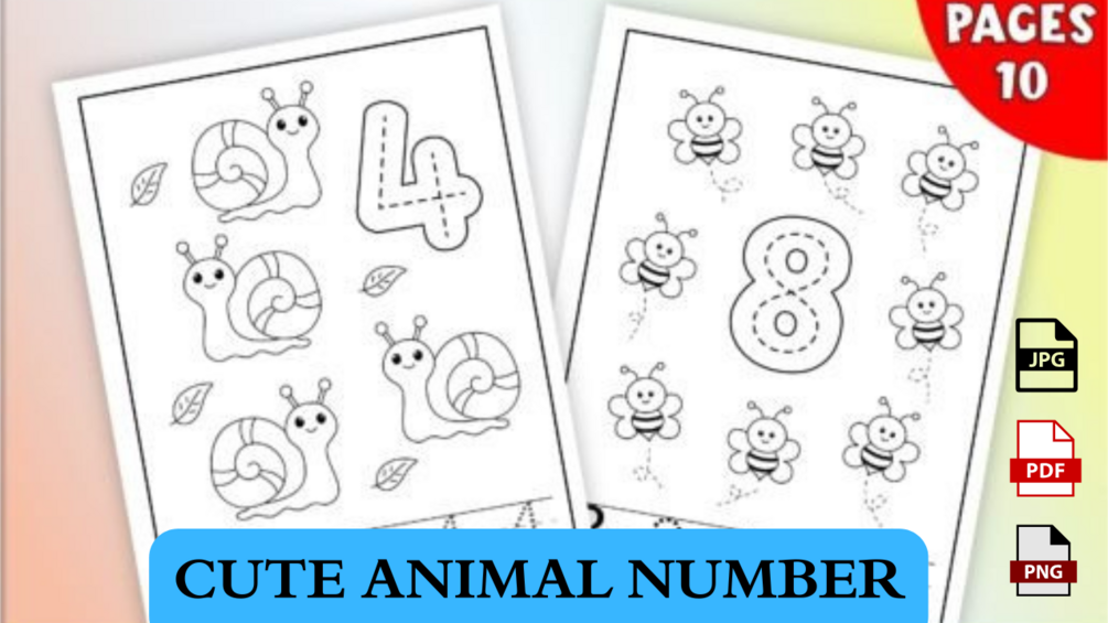 Number Coloring Page with Cute Animals