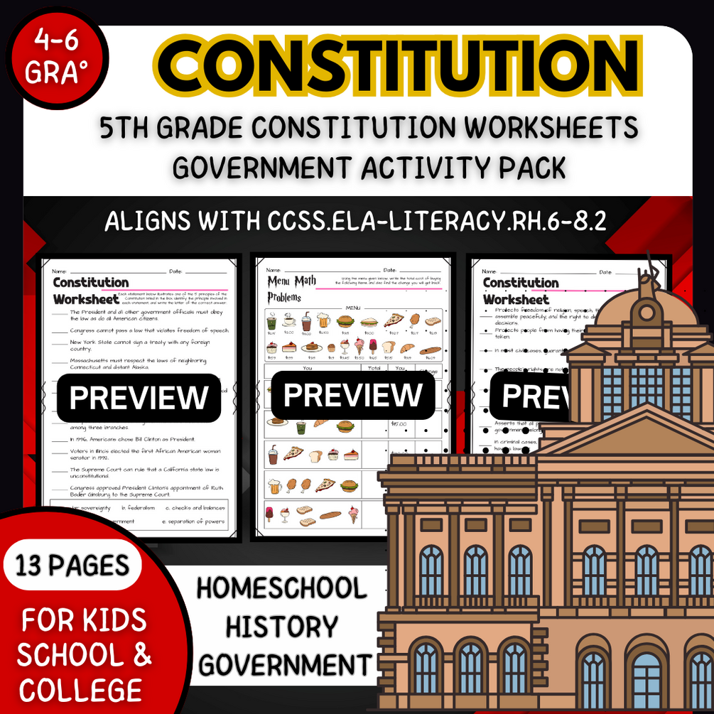 5th Grade Constitution Worksheets Government Activity Pack