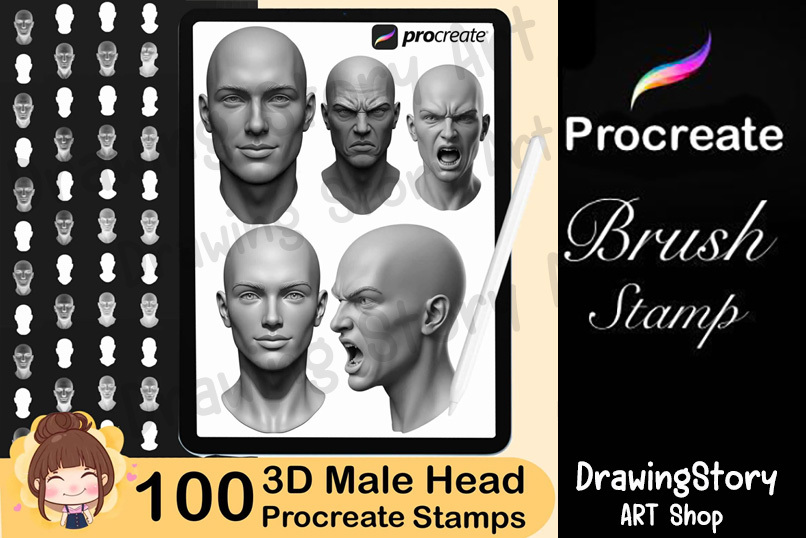 100 Procreate 3D Heads Stamp Brushes | Procreate Male 3D Heads ...