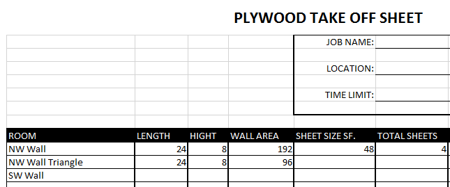 Plywood Take Off Sheet