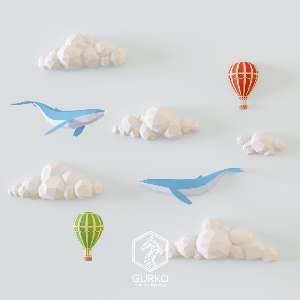 Papercraft Clouds With Whales And Hot Air Balloons, Pdf, Gurko ...