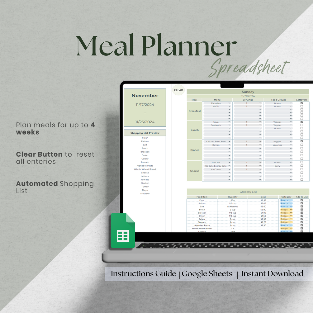 Weekly Meal Planner with Automated Grocery List Google Sheets, Digital ...
