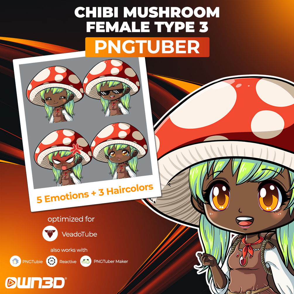 Chibi Mushroom Lady Type3 PNG Tuber Avatar in 3 diffrent Haircolors for ...